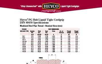 Heyco PG Hub Liquid Tight Cordgrip DIN 40430 Specifications - Heyco